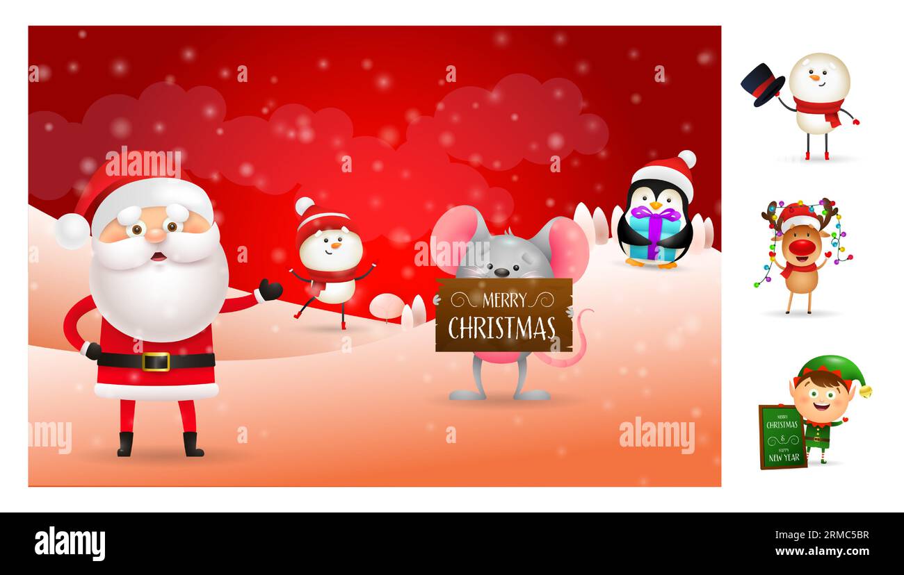 Merry Christmas banner with Santa and his helpers Stock Vector Image ...