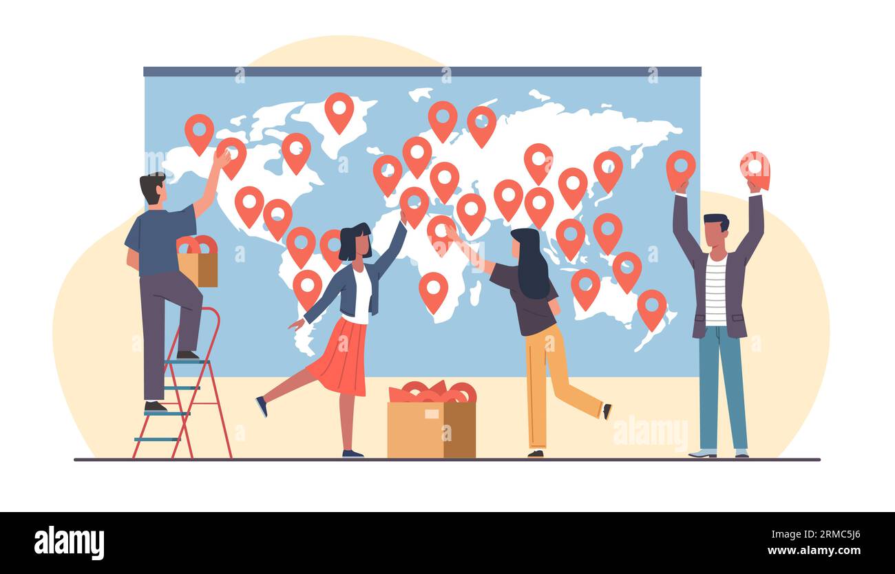 Concept of global business development, people tag open branches of ...