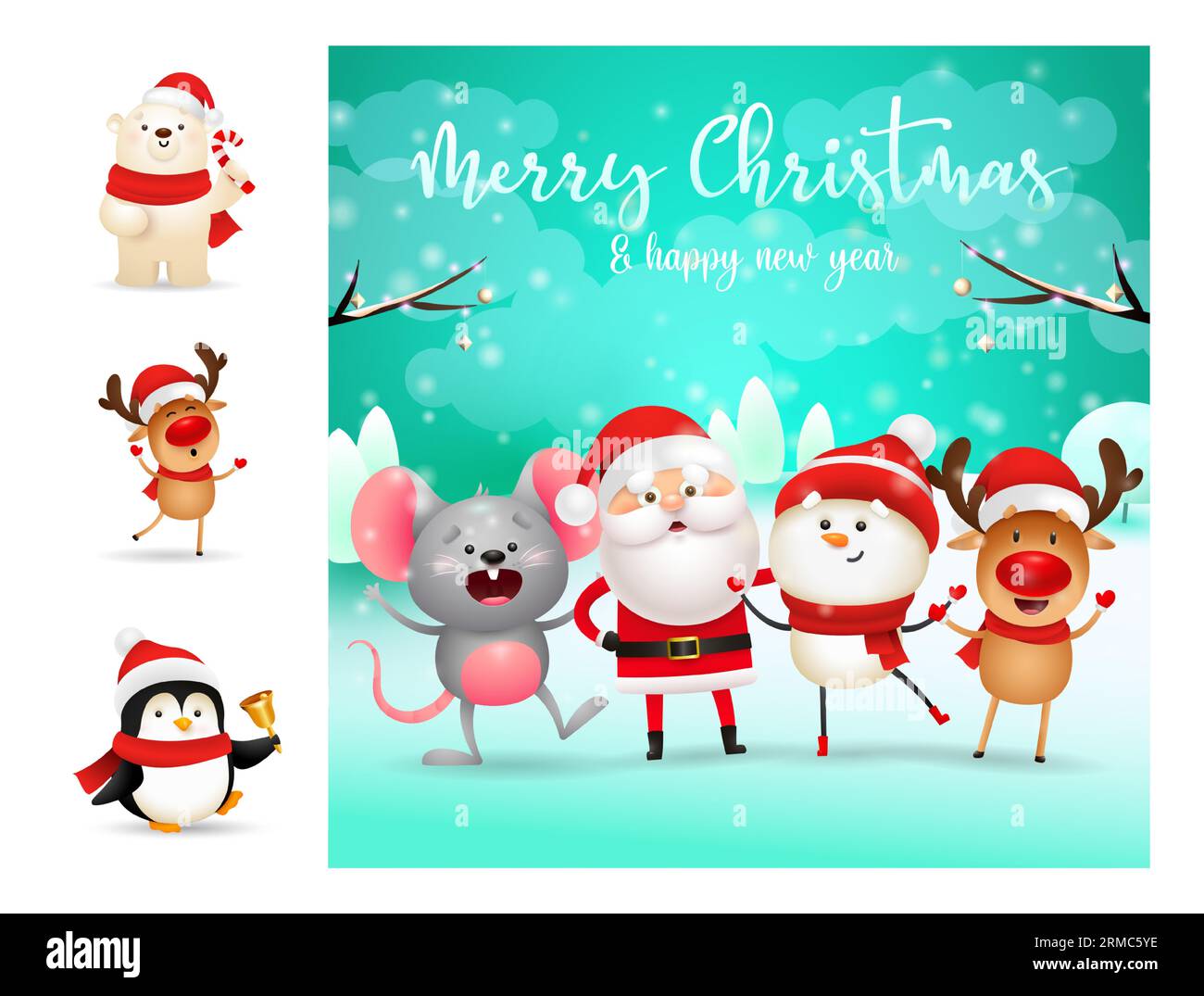 Merry Christmas greeting card with cartoon characters Stock Vector ...