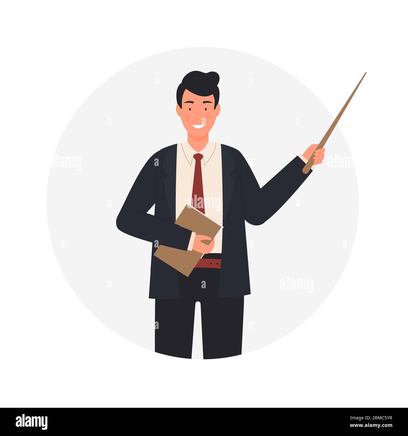 Teacher man with pointing stick. School lecturer holds book vector ...