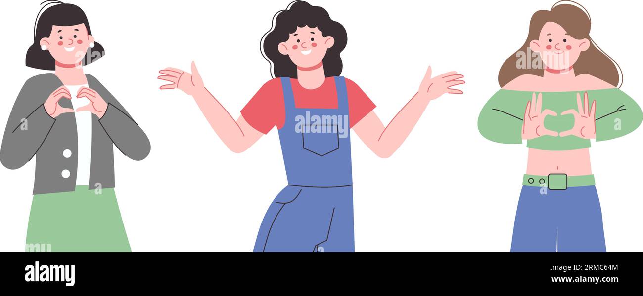 Female characters in happiness and love. Cute cartoon girls send hearts ...