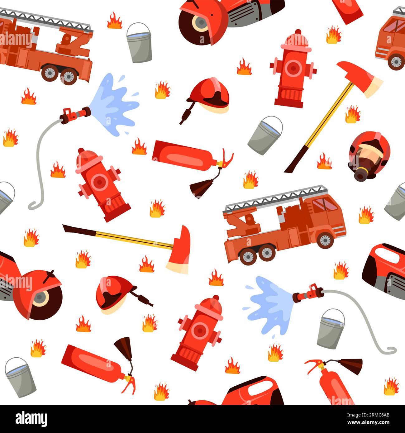 Seamless pattern with elements of firefighting red equipment. Fire ...
