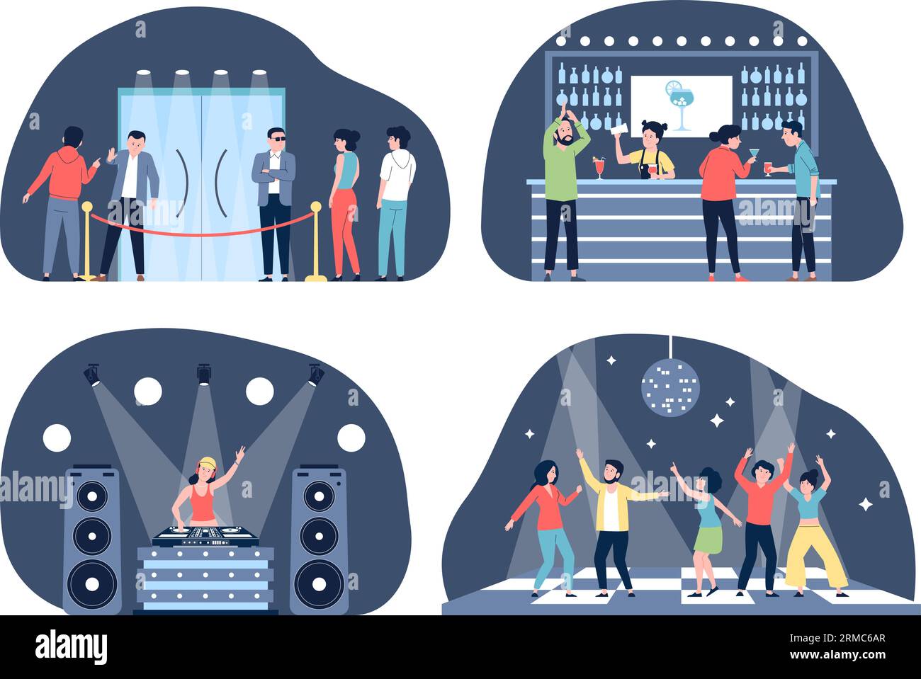 Night club party characters. Teens dancing and drinking, friends go to ...