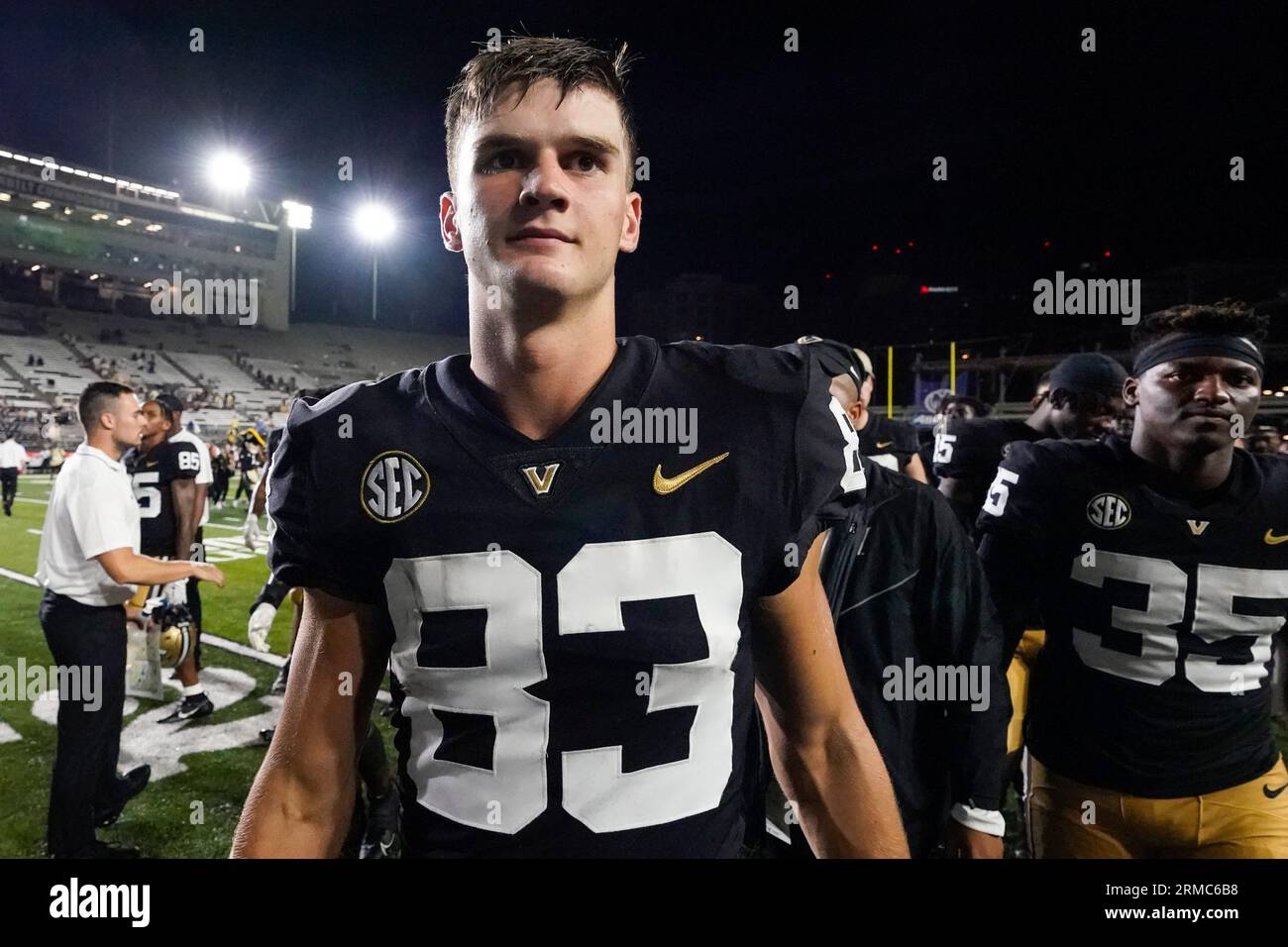 Vanderbilt wide receiver London Humphreys (83) walks off the field ...