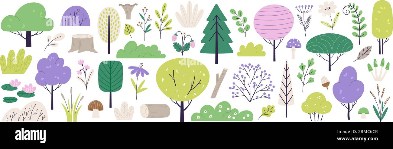 Doodle forest cute nature elements. Funny tree and bush, leaves and ...