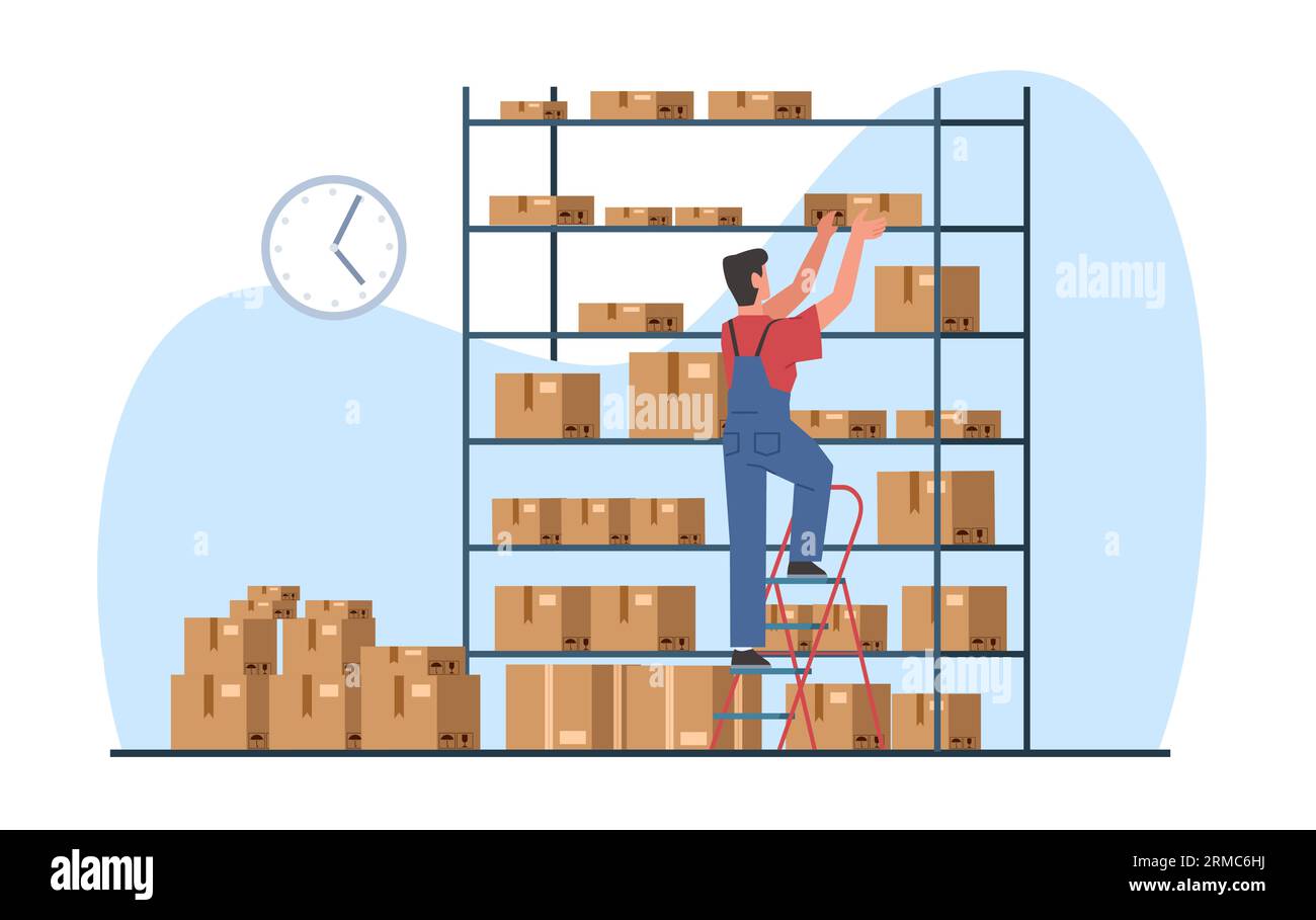 Warehouse or delivery employee arranges cardboard boxes on shelves of ...