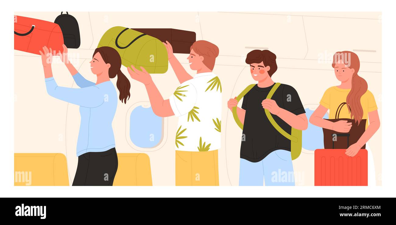 Airplane passengers putting hand luggage compartment. People storing ...