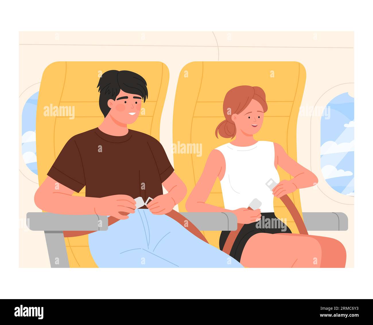 Airplane passengers fasten belt during flight. Emergency and security ...