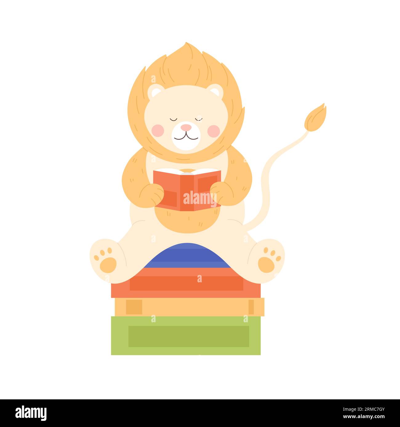 Cute lion sitting on book pile and reading. King of animals reading ...