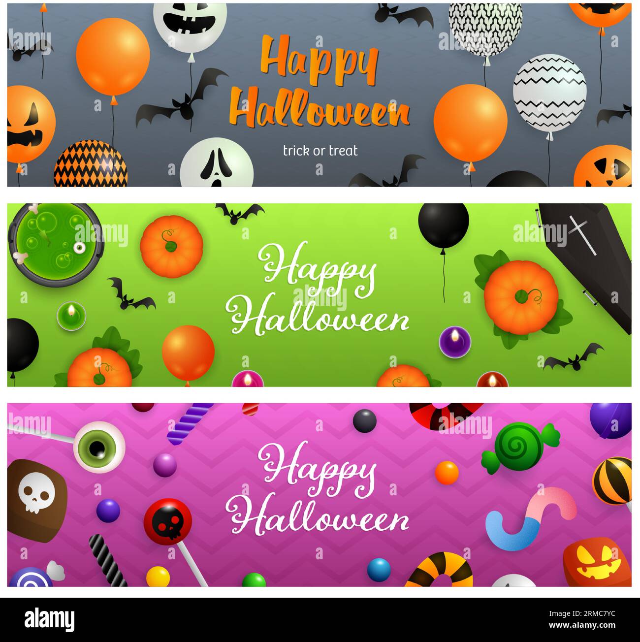 Halloween gray, green, pink banner set with balloons, candies Stock ...