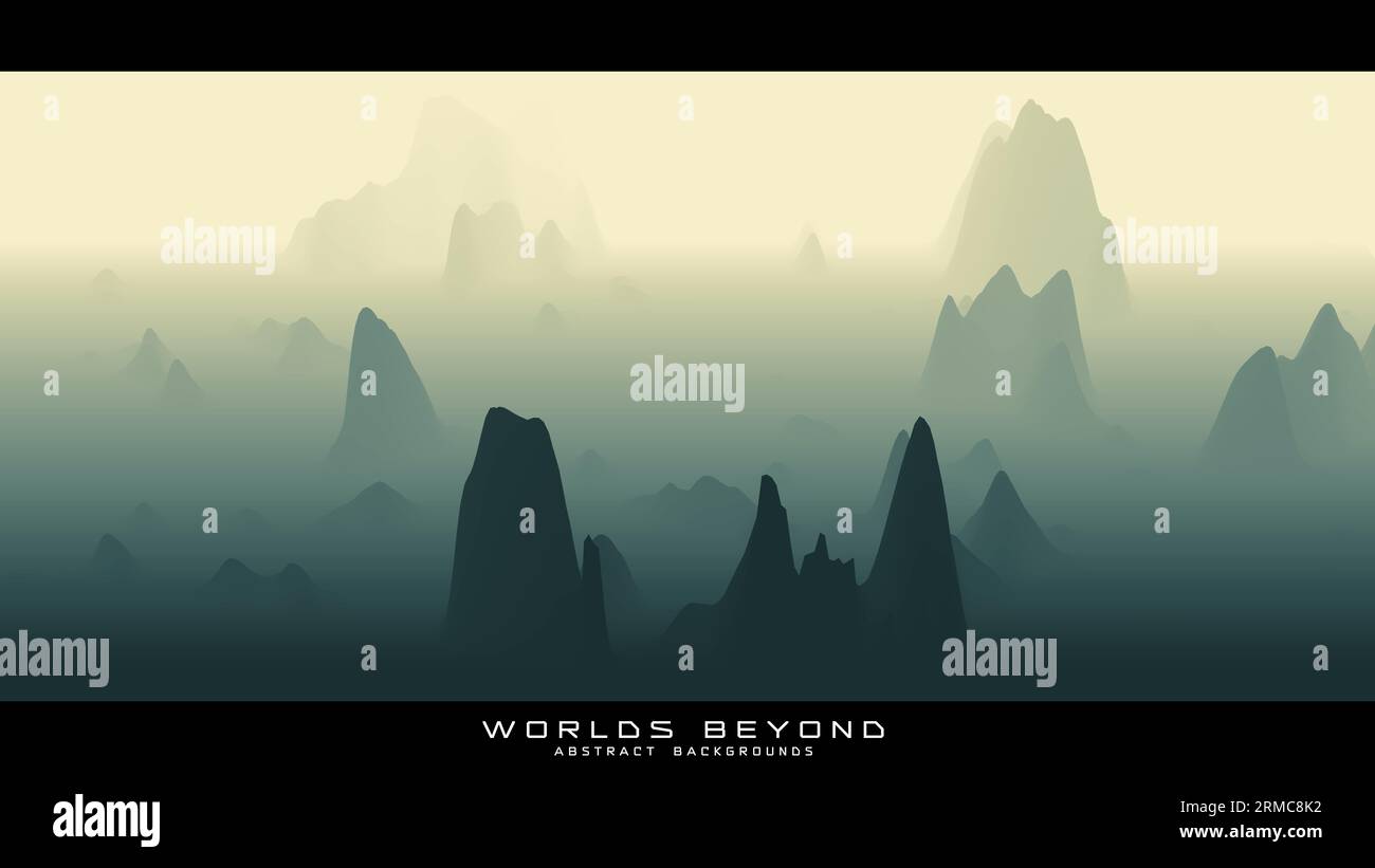 Abstract green landscape with misty fog till horizon over mountain ...