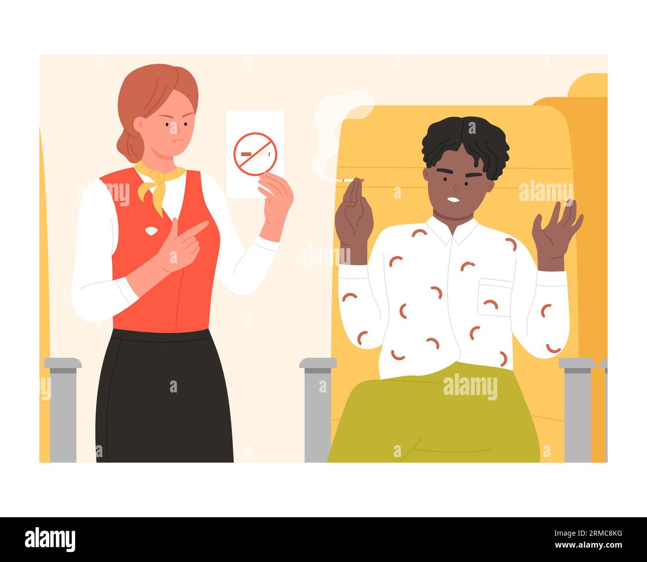 Cabin crew shows smoke forbidden rule. Passenger smoking on board ...