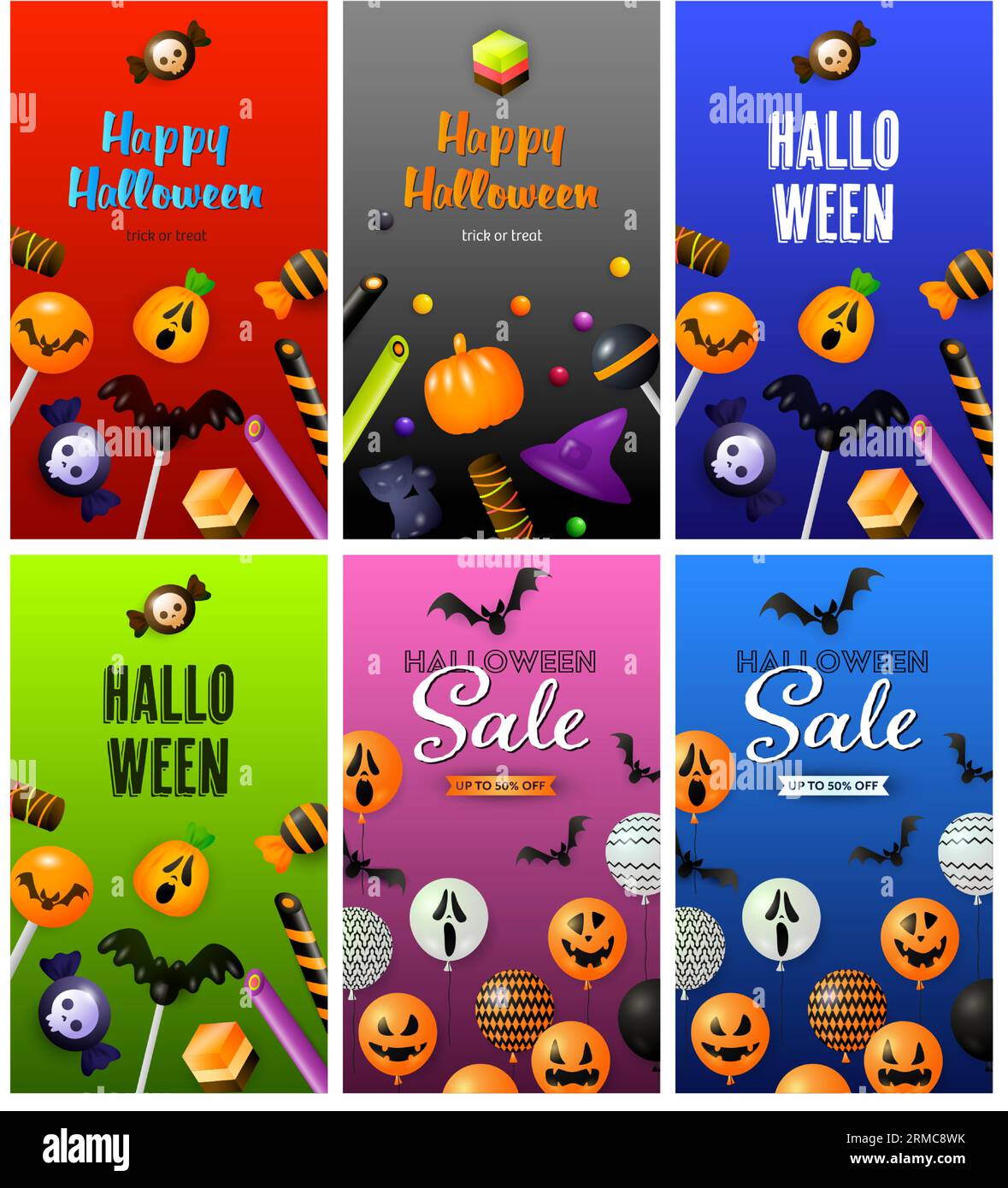 Halloween pink, green, red banner set with balloons, sweets Stock ...