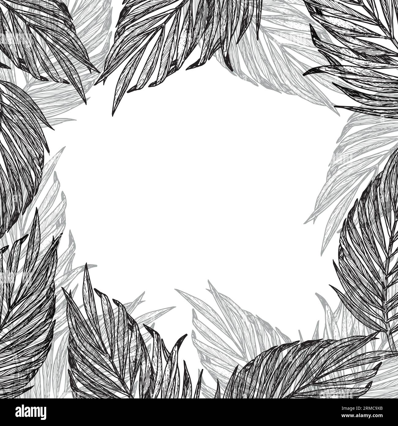 Vector frame with graphical tropical palm leaves. Ink exotic plant ...