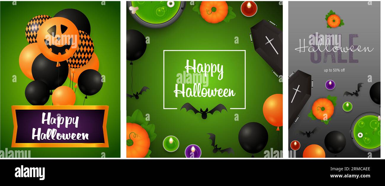 Happy Halloween gray, green banner collection with balloons Stock ...