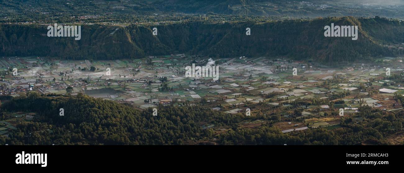Amazing panorama view of village at the mount Batur. Rural Pinggan pano ...