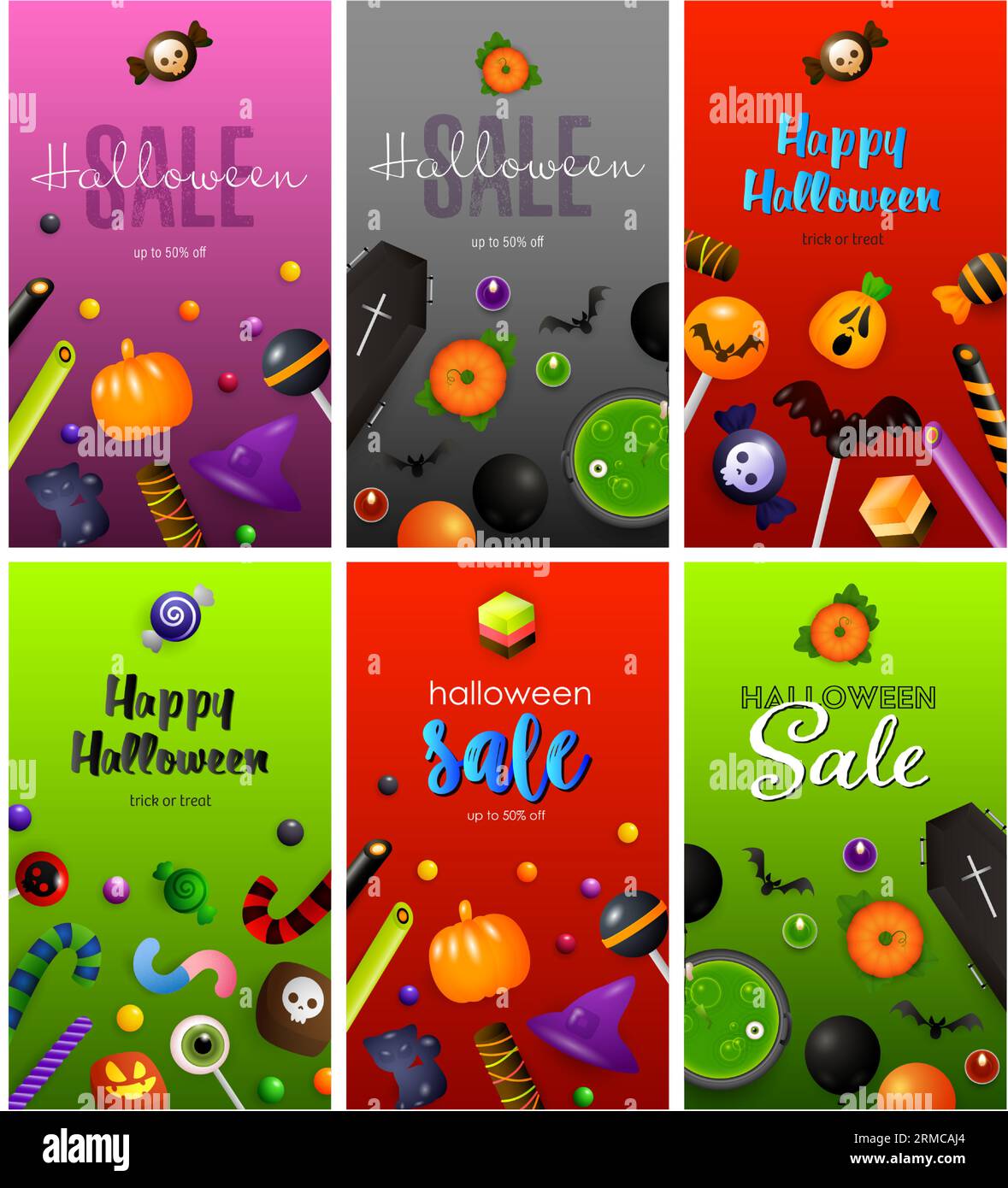 Halloween green, red, purple banner set with sweets, coffin Stock ...