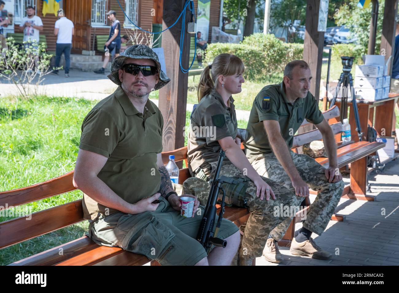 Lviv, Ukraine. 26th Aug, 2023. Soldiers rest at the shooting range ...