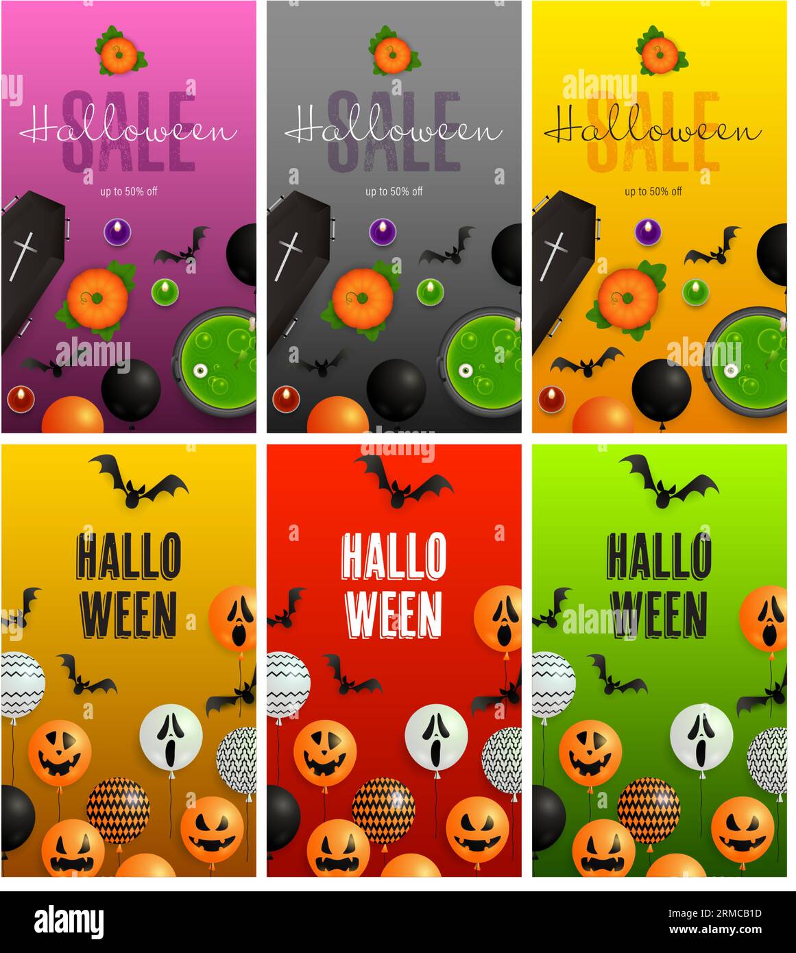 Halloween pink, red, green banner set with coffin, balloons Stock ...