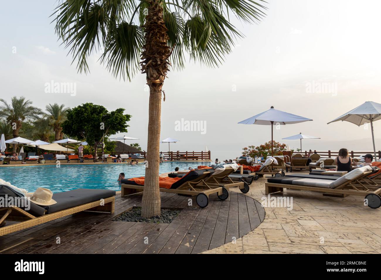 Jordan resort tourism. View of Dead Sea in Jordan. Swimming pool at ...