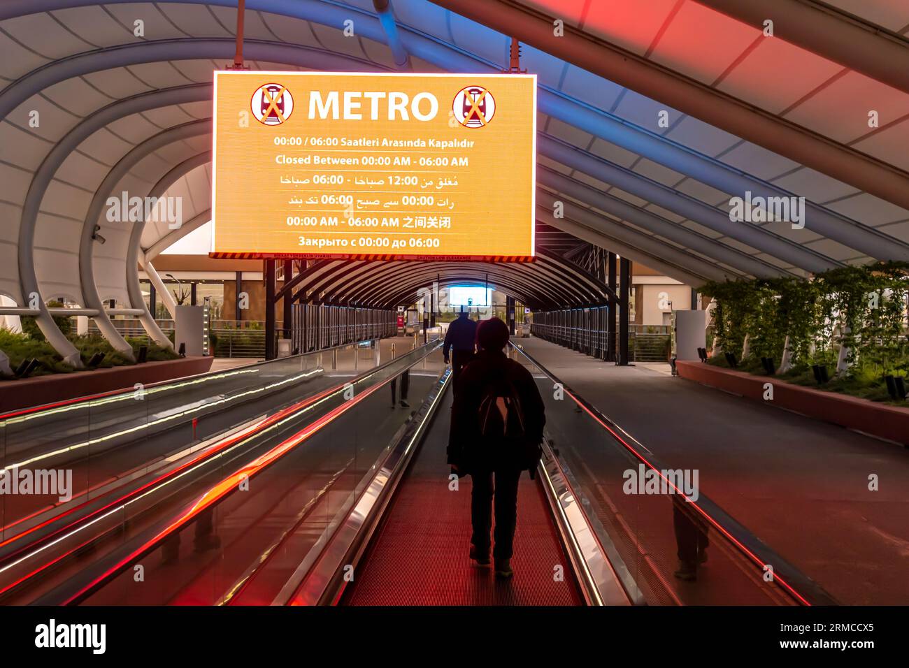 Istanbul metro large sign above the travelator subway station Sabiha ...