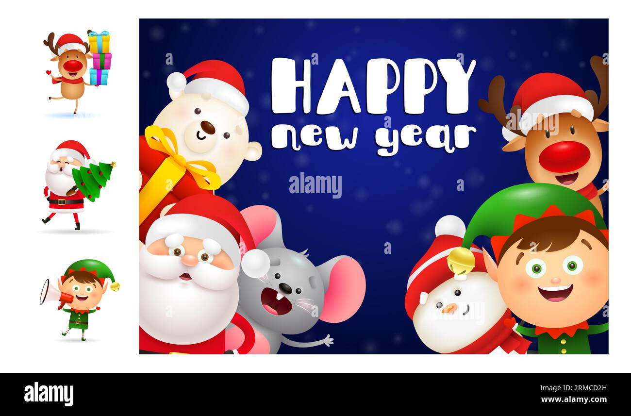 Happy New Year blue postcard with cartoon characters Stock Vector Image ...