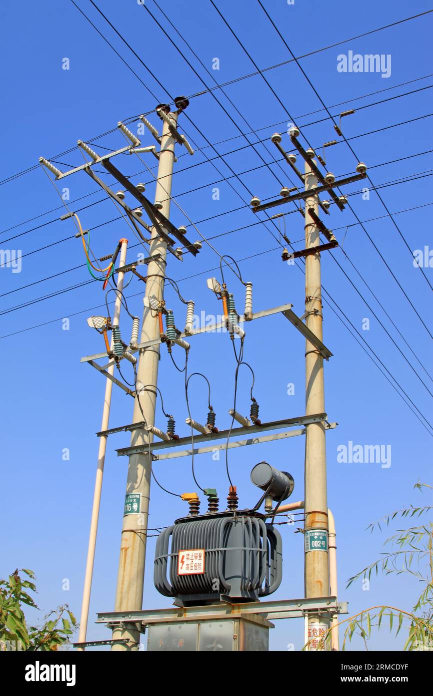 power transformer under the blue sky background Stock Photo - Alamy