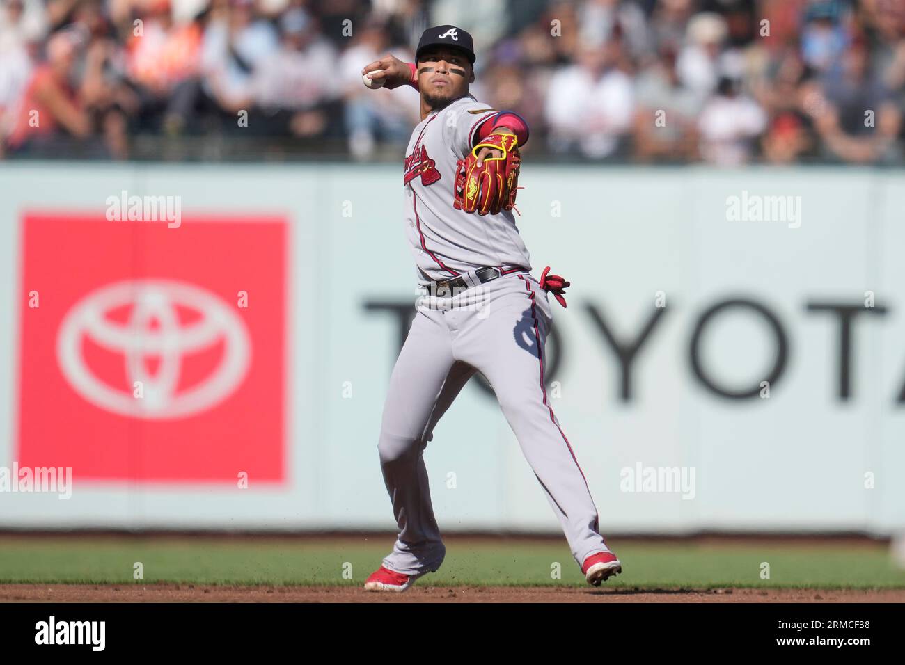 Atlanta Braves shortstop Orlando Arcia throws out San Francisco Giants ...