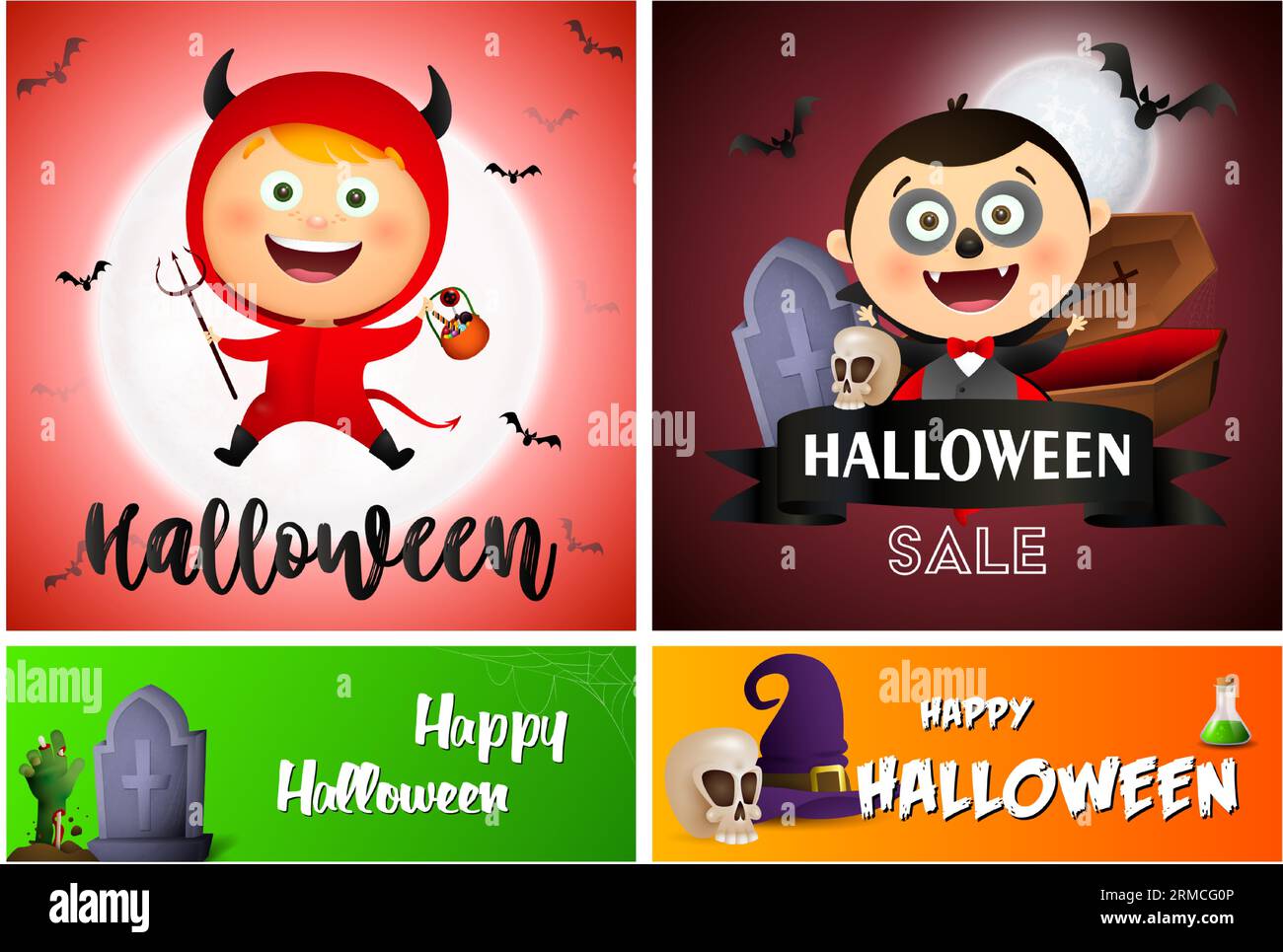 Halloween red banner set with devil, vampire Stock Vector Image & Art ...