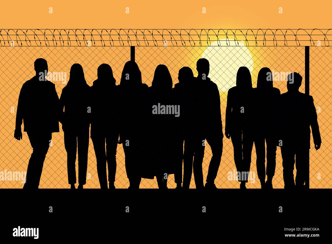 Immigration. Silhouettes of people near perimeter fence with barbed ...