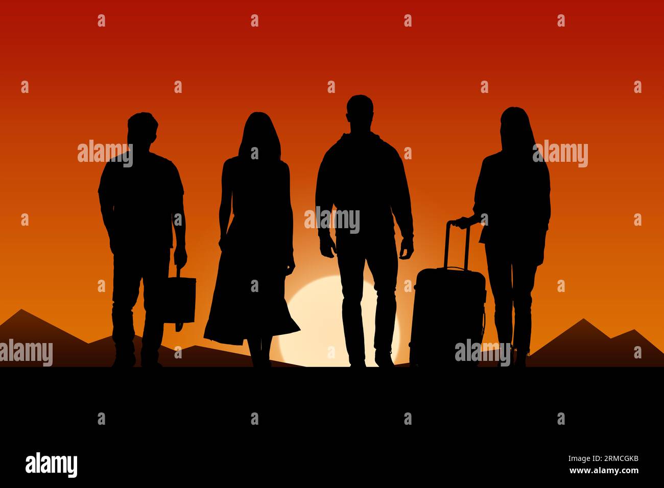 Immigration. Silhouettes of people walking outdoors at sunset ...
