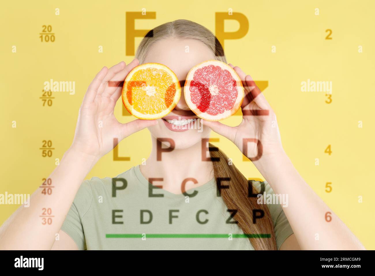 Improving eyesight. Vision test chart and photo of woman with citrus ...