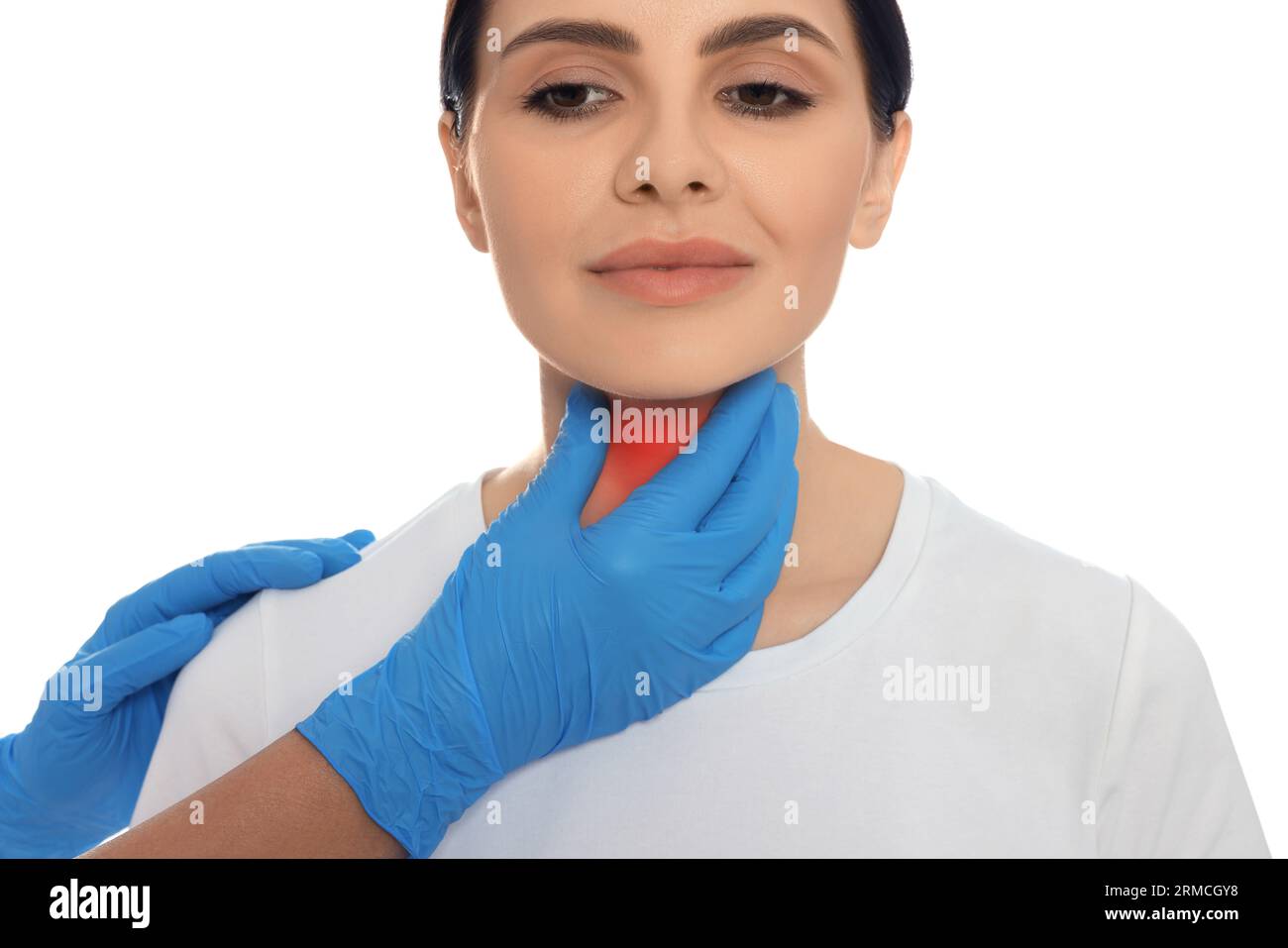 Endocrinologist examining thyroid gland of patient on white background ...