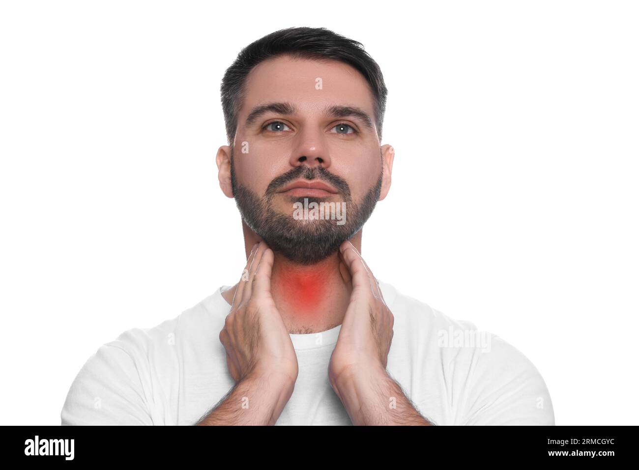Endocrine system. Man doing thyroid self examination on white ...