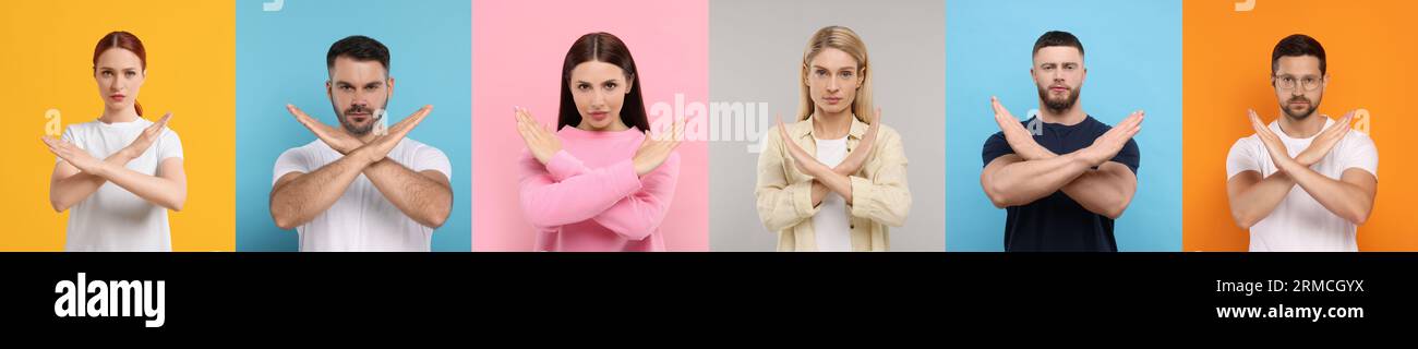 People showing stop gesture on different color backgrounds. Collage ...