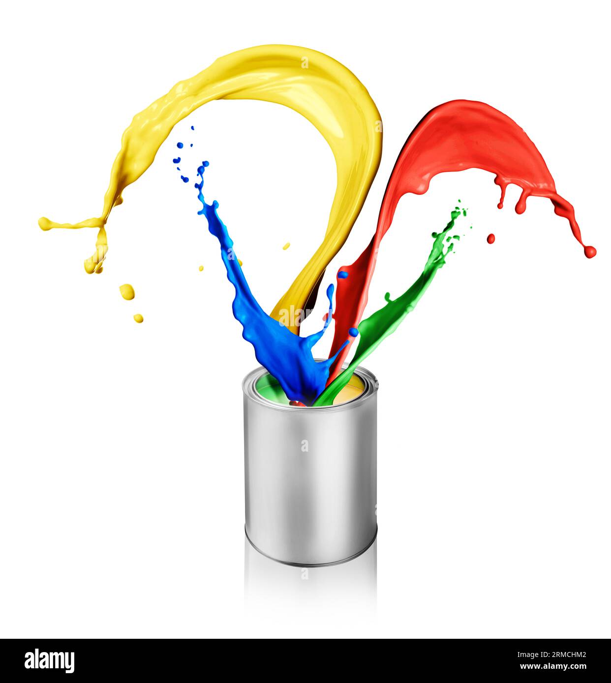Paint of different colors splashing from can on white background Stock ...