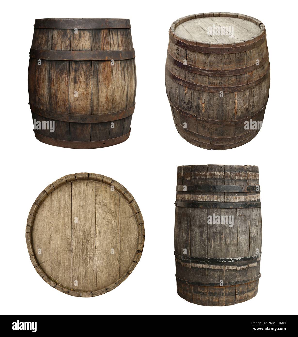 Different wooden barrels isolated on white, top and side views. Collage ...