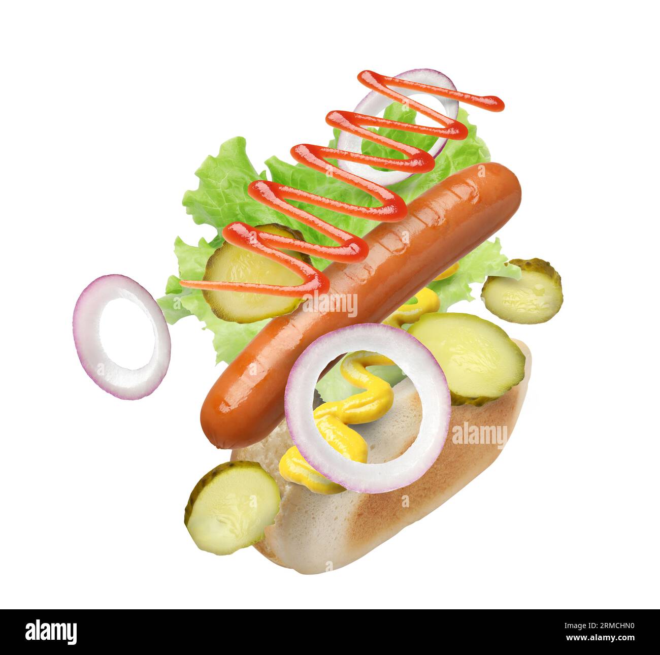 Hot dog ingredients in air on white background Stock Photo - Alamy