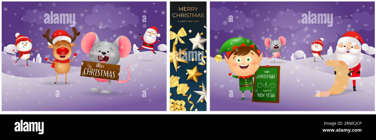 Collage of Merry Christmas postcard. Cartoon characters Stock Vector ...