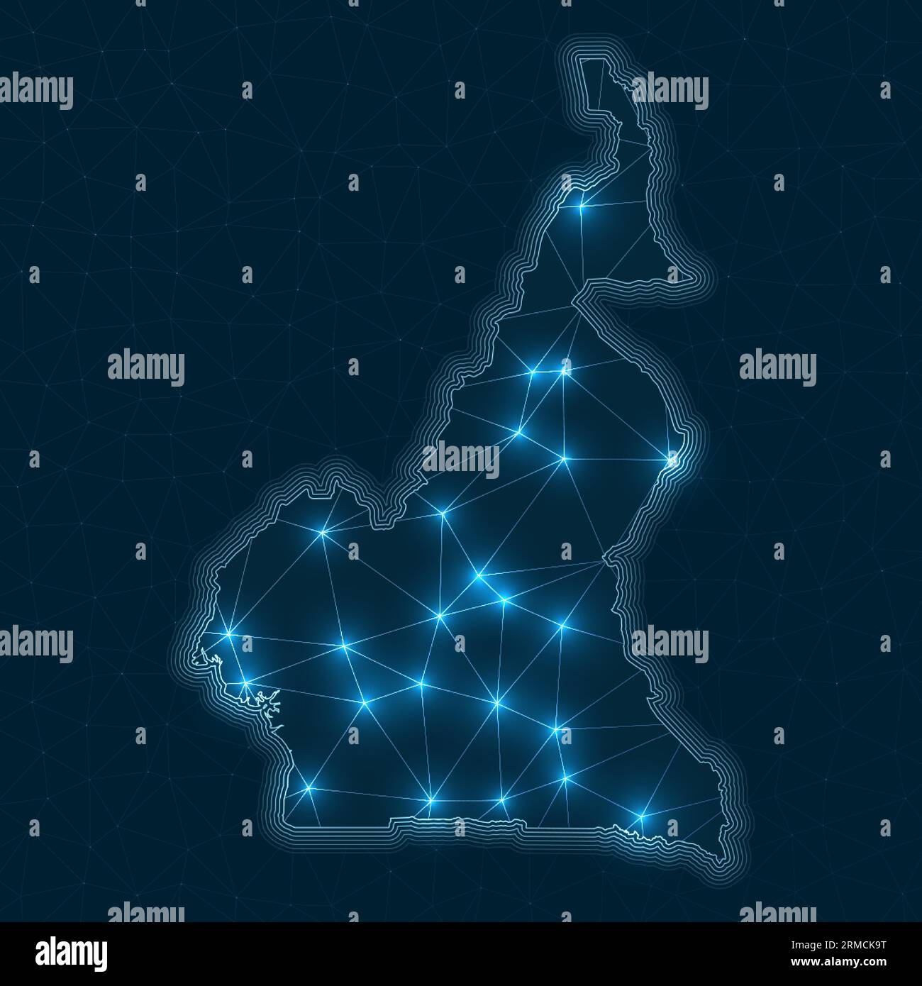 Cameroon network map. Abstract geometric map of the country. Digital connections and ...