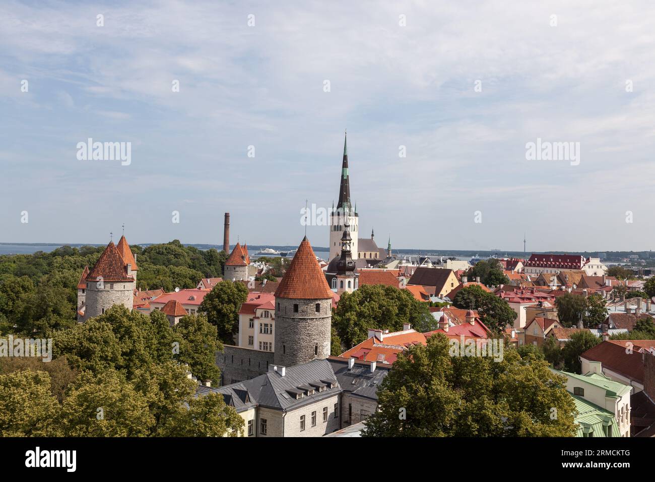 Medieval town rooftop view. Tallinn churches and tower steeples ...