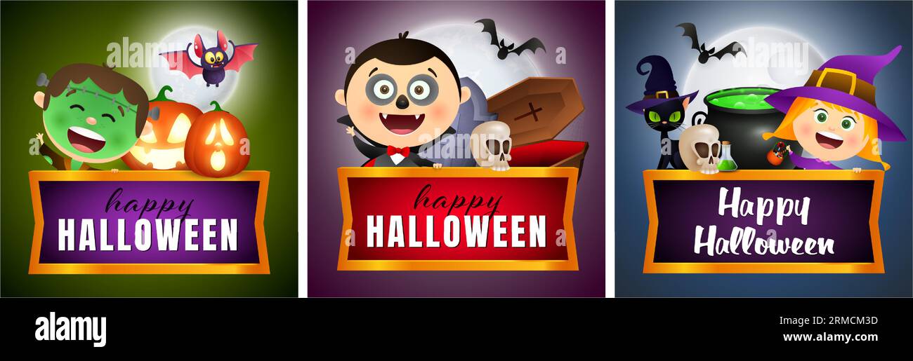 Halloween banner set with Frankenstein, vampire, witch Stock Vector ...