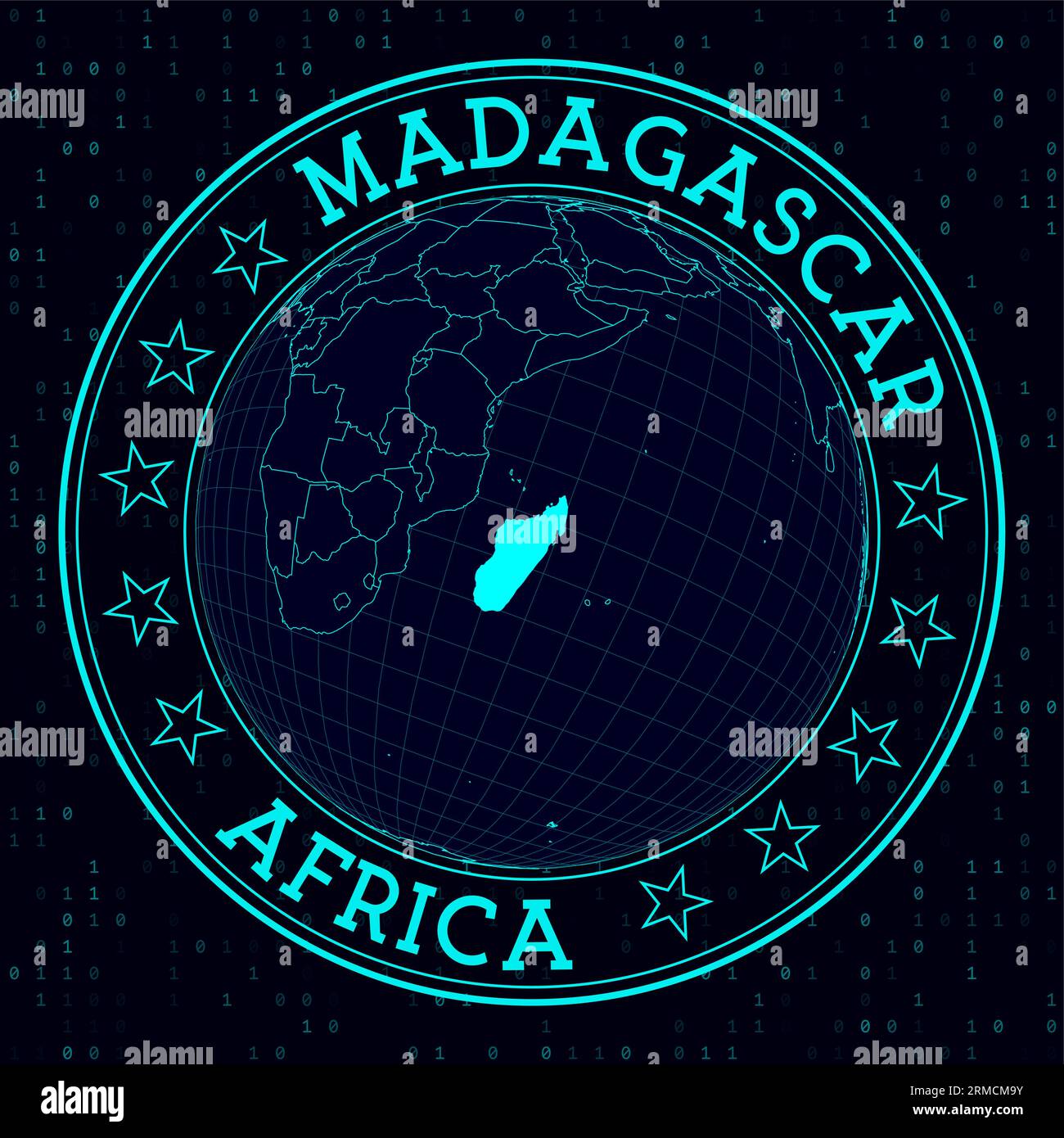 MADAGASCAR round sign. Futuristic satelite view of the world centered ...