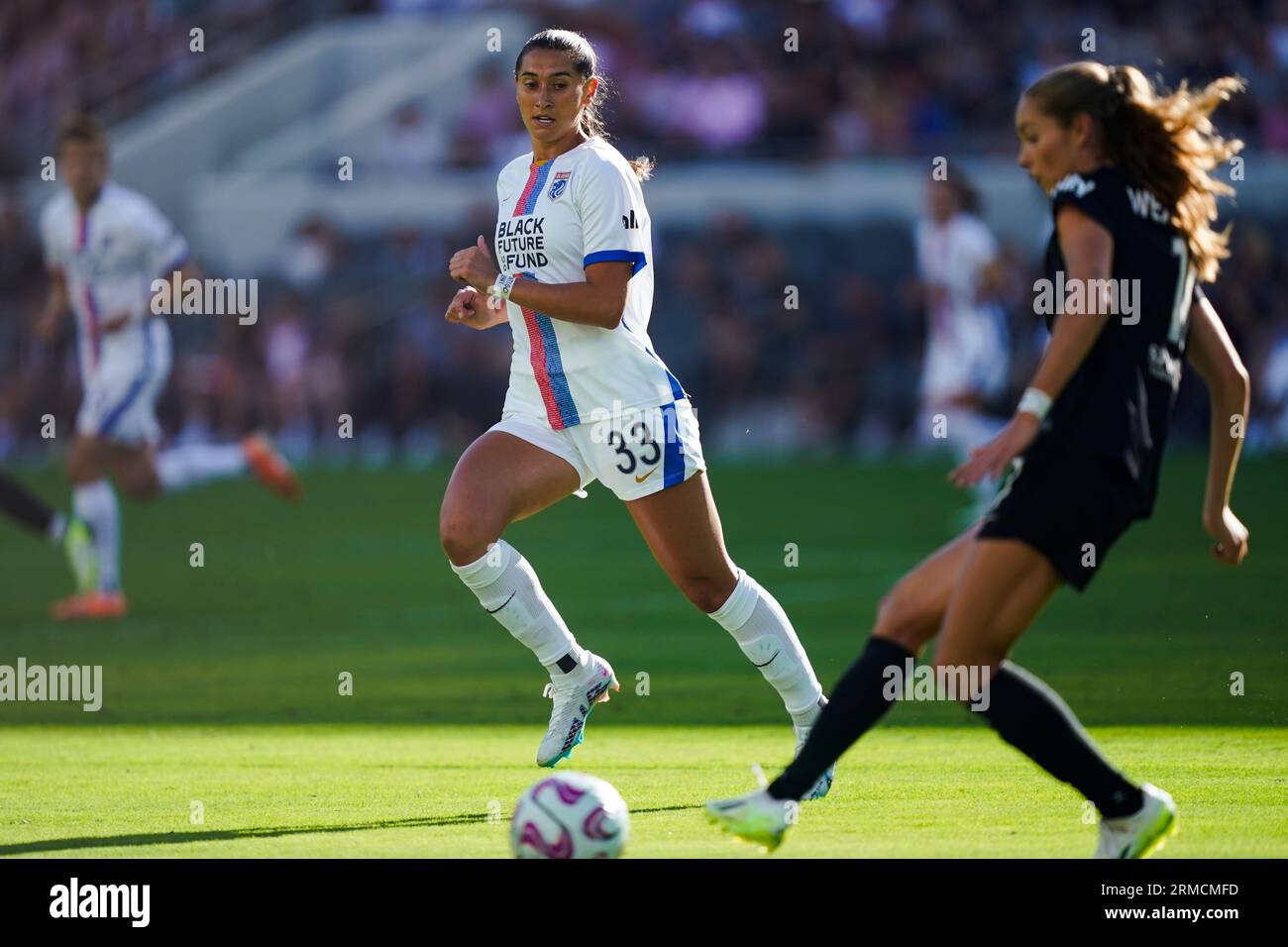 OL Reign midfielder Olivia Van der Jagt (33) watches as Angel City FC ...