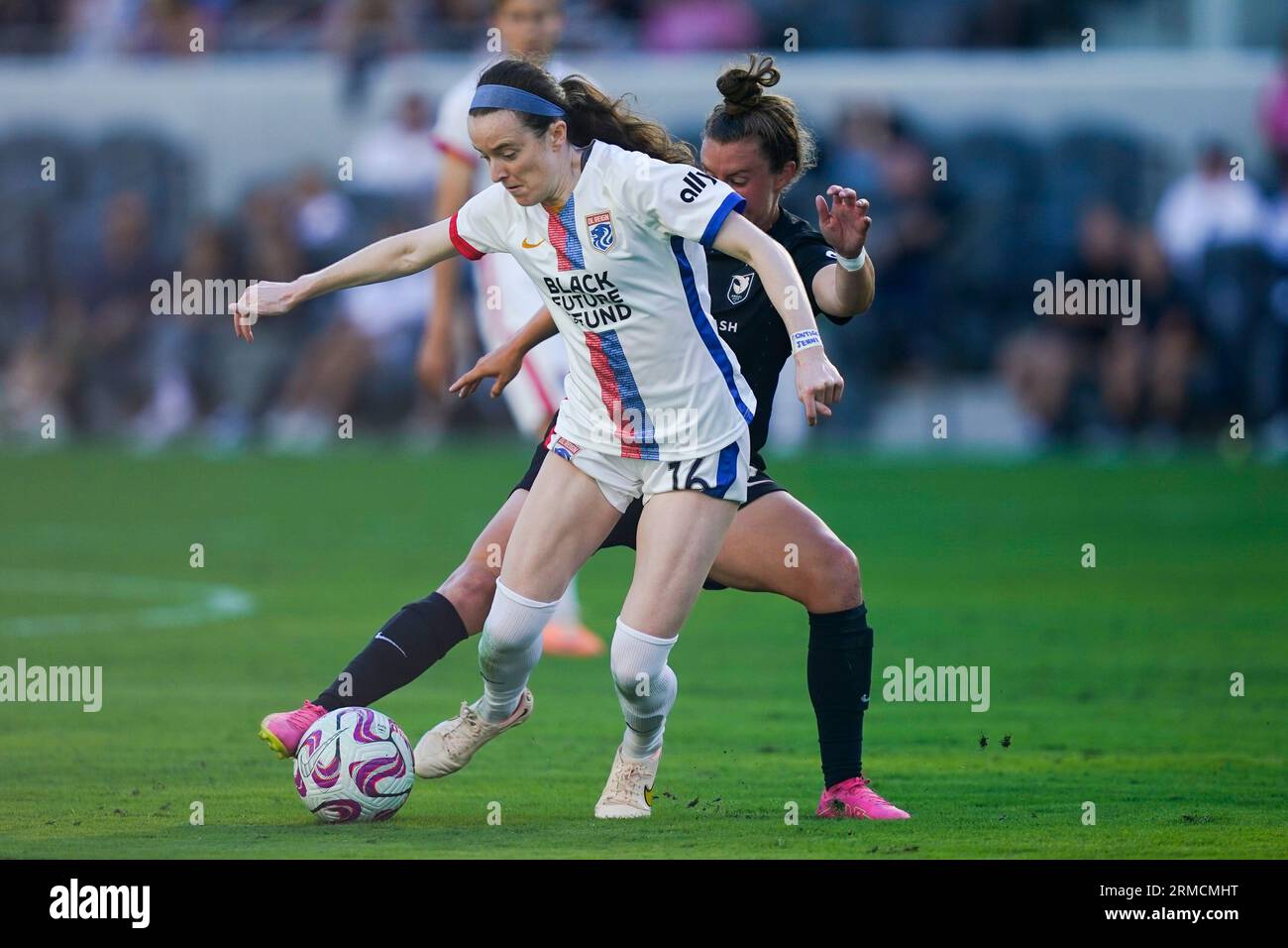 OL Reign midfielder Rose Lavelle (16) defends against Angel City FC ...