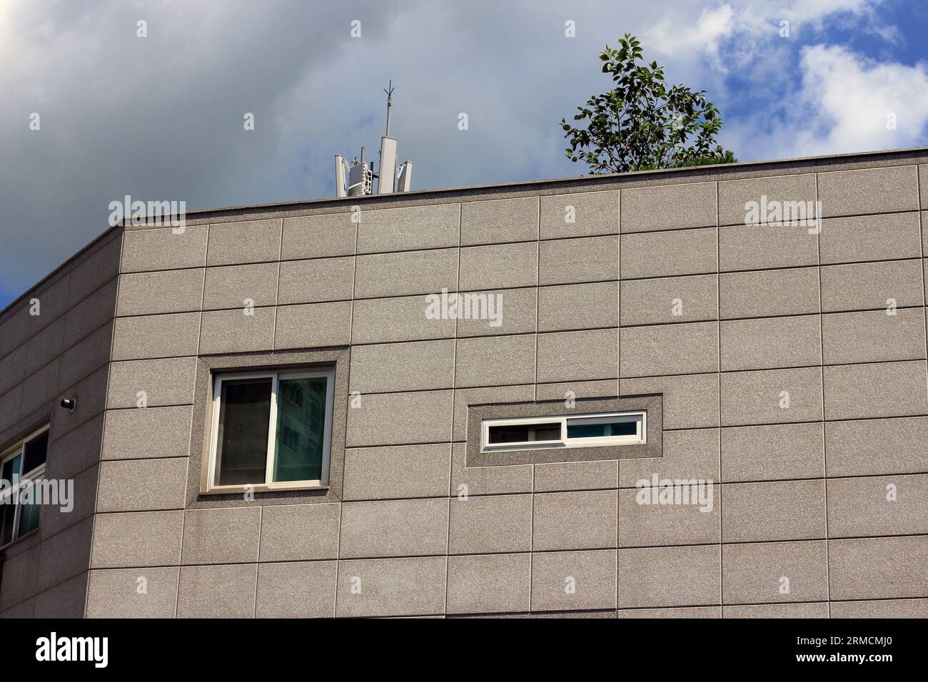 Lightning rod and tree on the roof of a building with blue sky and dark ...