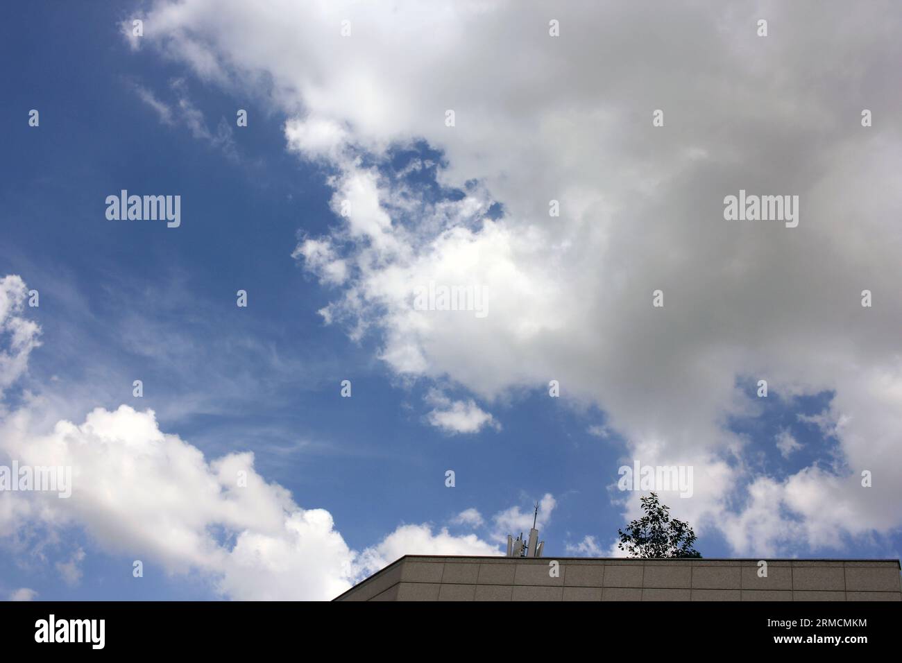 Lightning rod and tree on the roof of a building with blue sky and dark ...