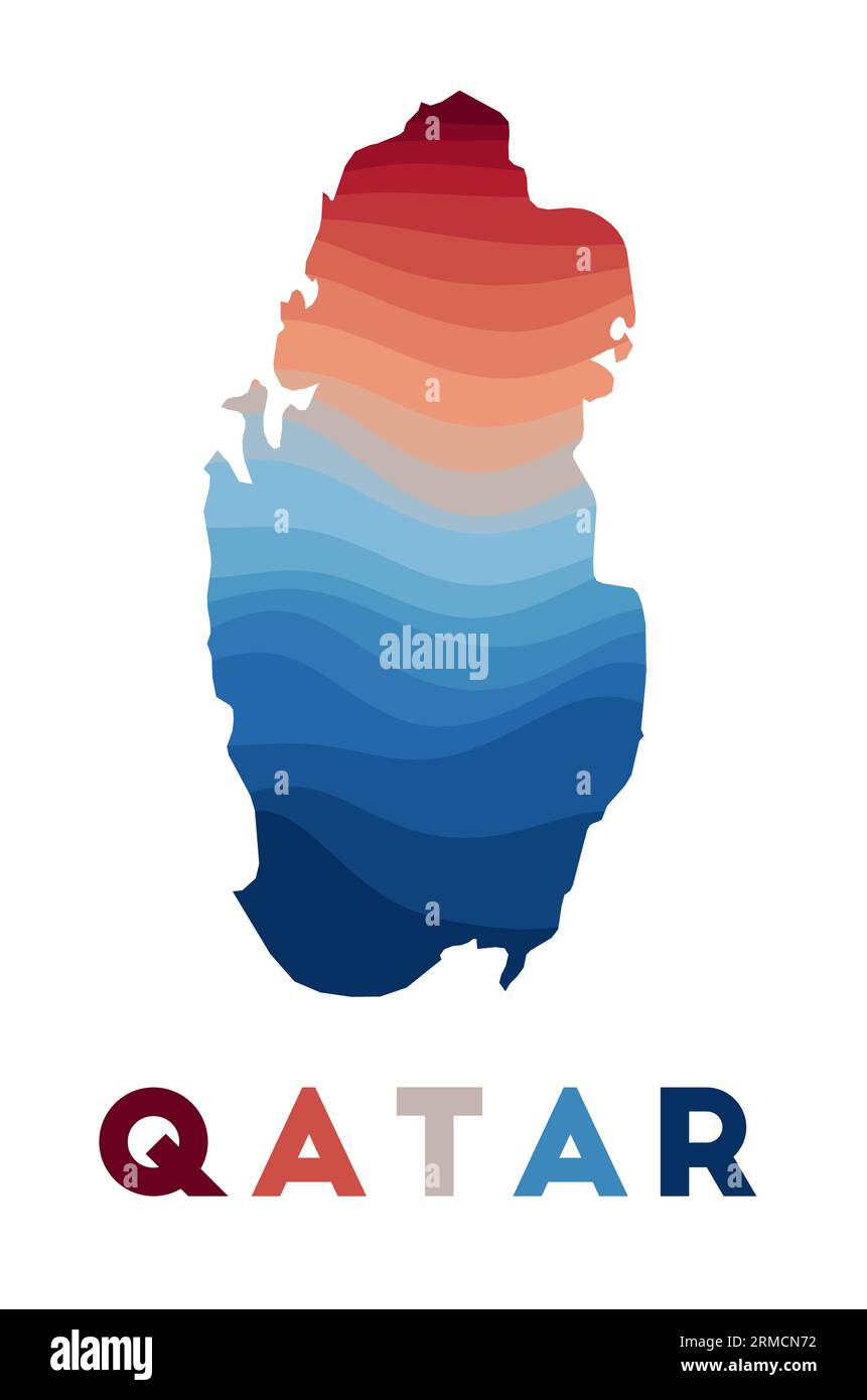Qatar map. Map of the country with beautiful geometric waves in red blue colors. Vivid Qatar ...