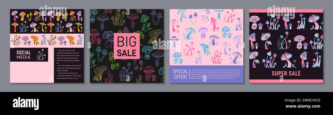 Mushrooms stylizes retro cover or square card design set. Poisonous ...