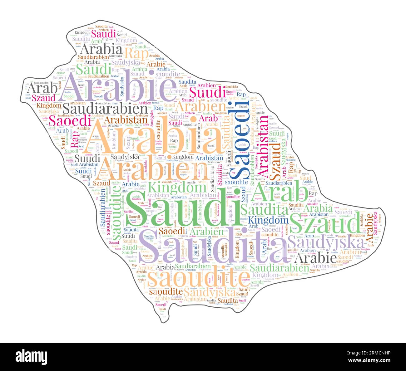 Saudi Arabia shape filled with country name in many languages. Saudi ...